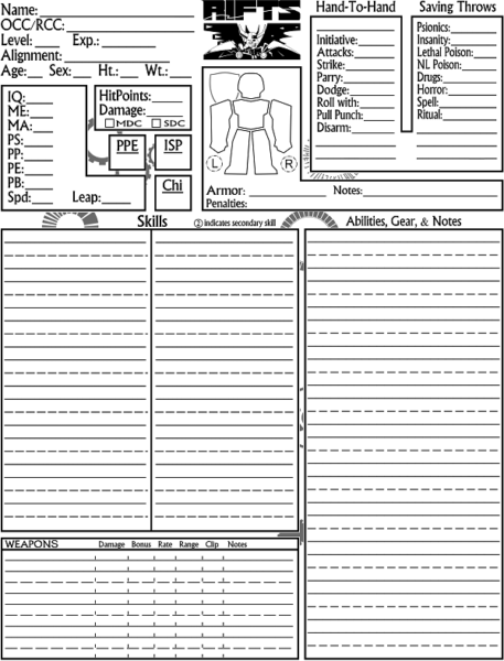Rifts Character Sheet Rifts Character Sheet